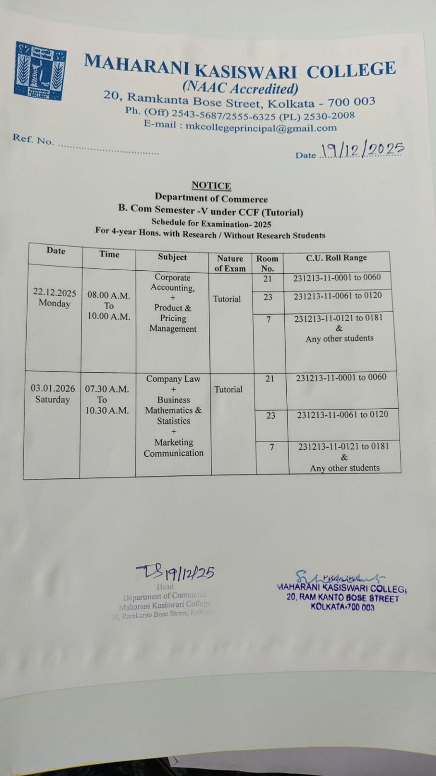 B.Com Tutorial Exam: Sem 5 (CCF) - Maharani Kasiswari College
