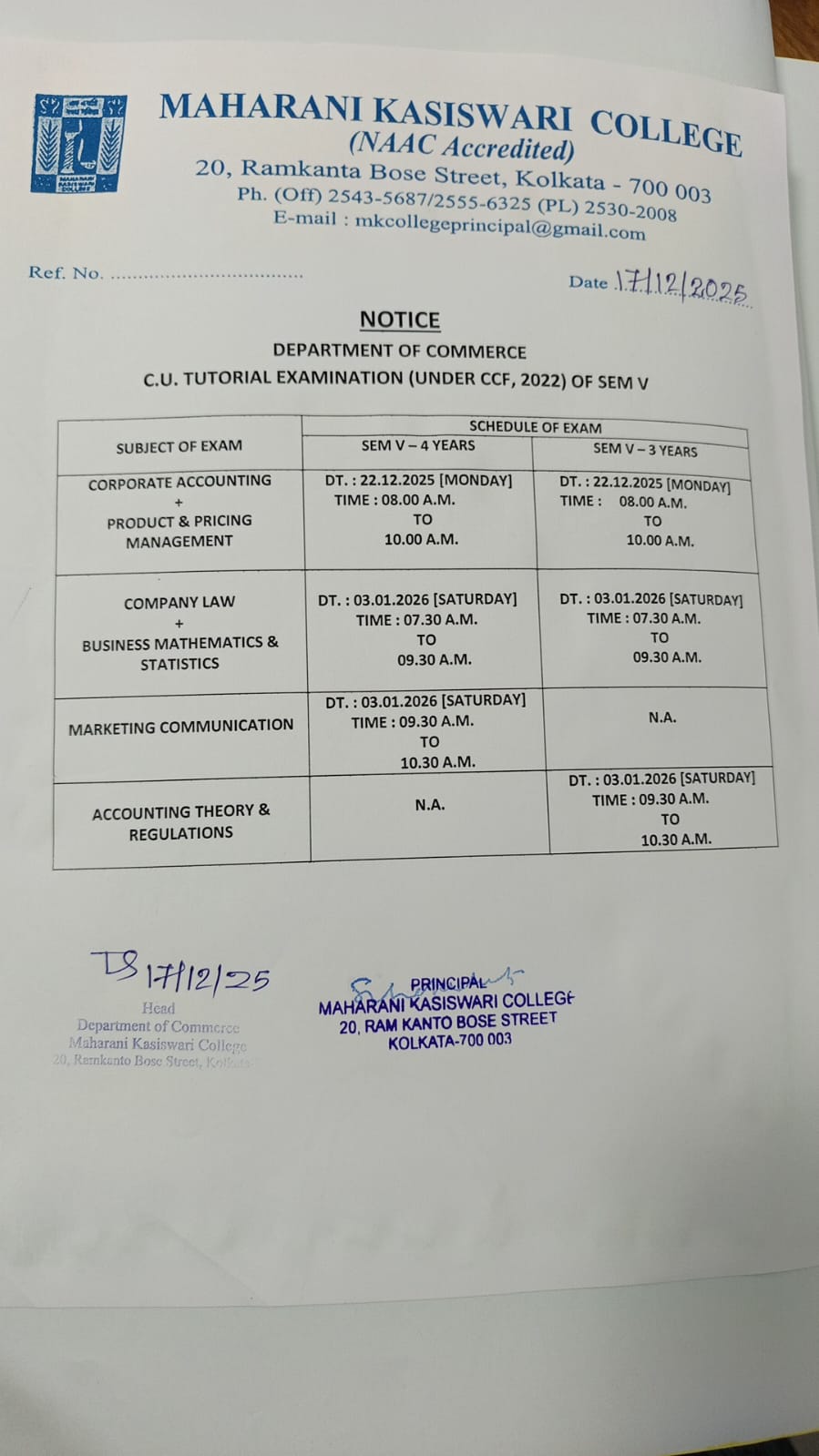 B.Com Tutorial Exam: Sem 5 (CCF) - Maharani Kasiswari College