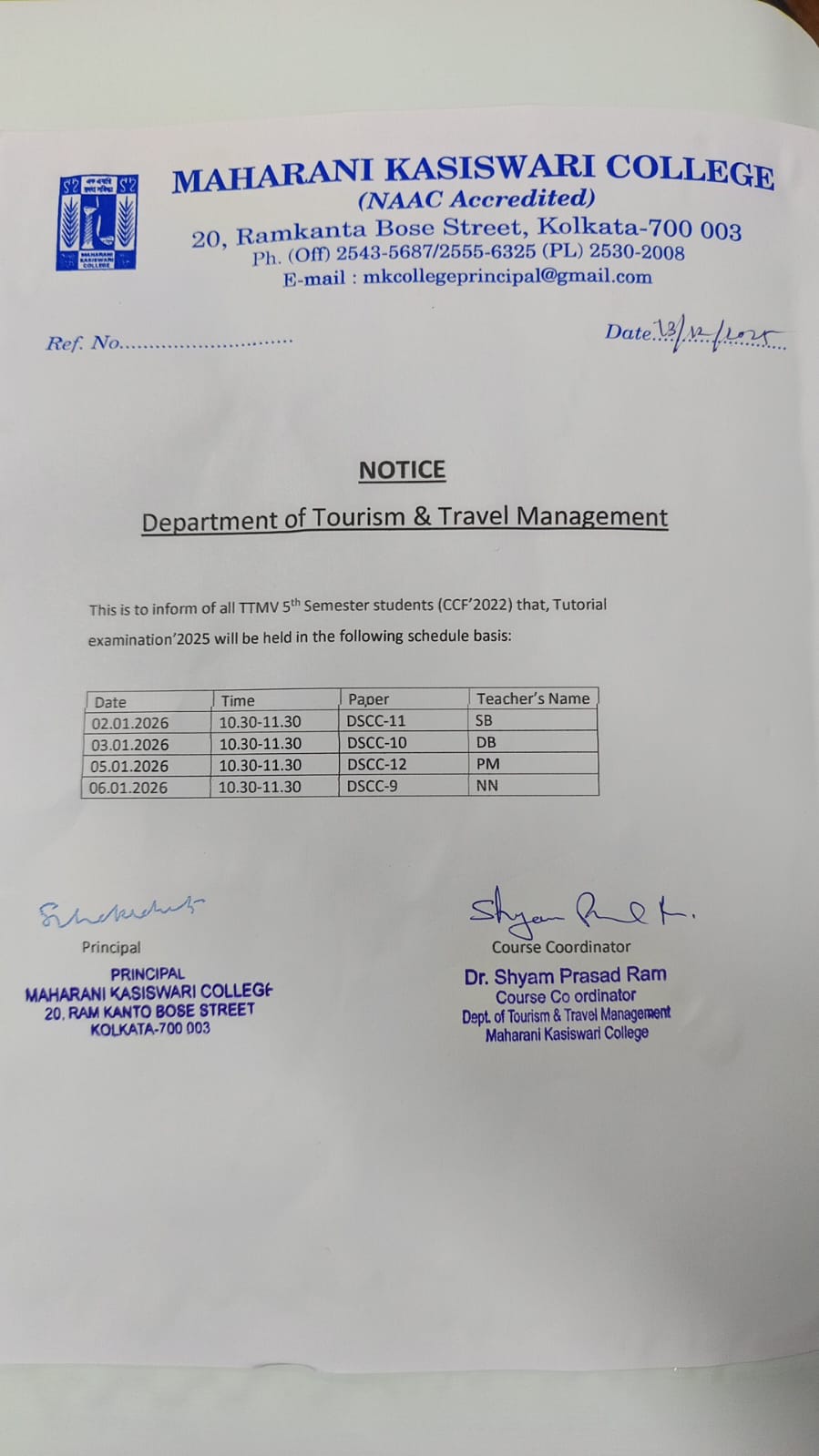 Tutorial Exam of TTMV, Sem:5 - Maharani Kasiswari College